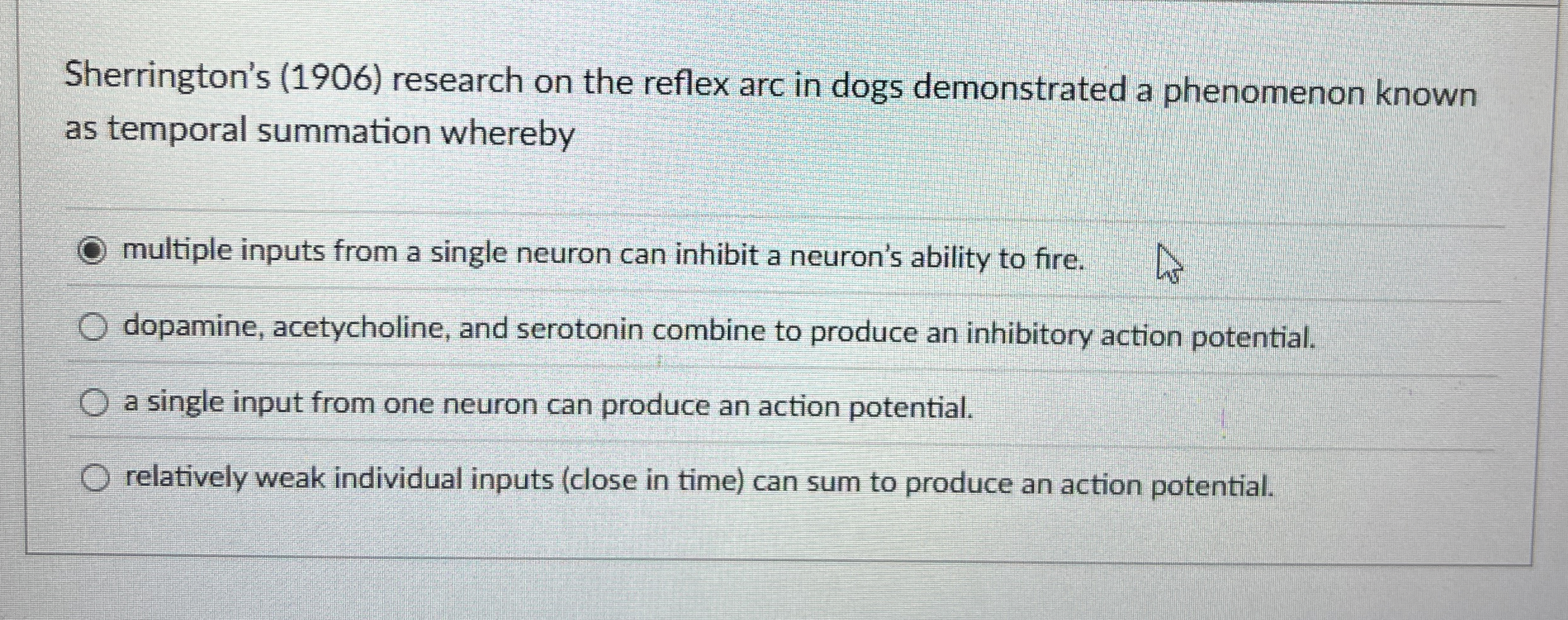 Solved Sherrington's (1906) ﻿research on the reflex arc in | Chegg.com