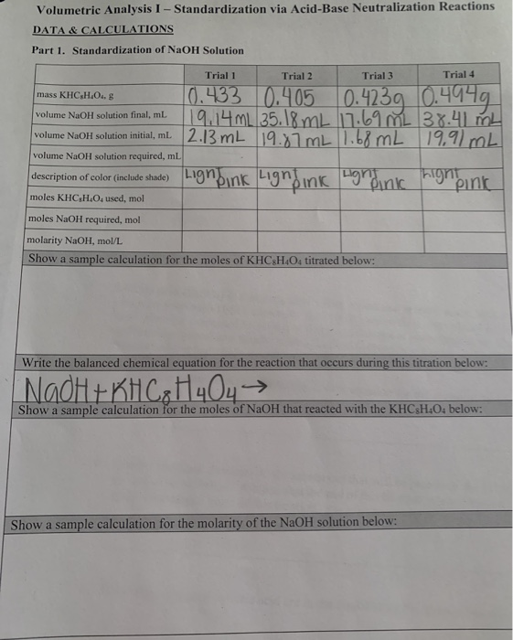 Solved Volumetric Analysis I - Standardization via Acid-Base | Chegg.com