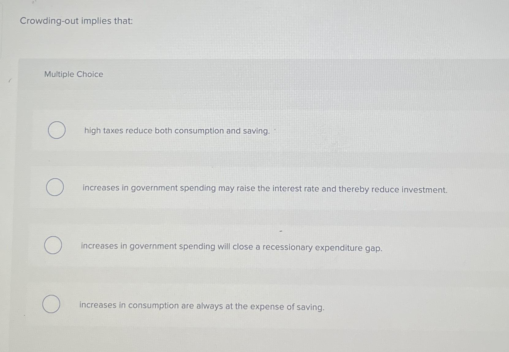 Solved Crowding-out implies that:Multiple Choicehigh taxes | Chegg.com