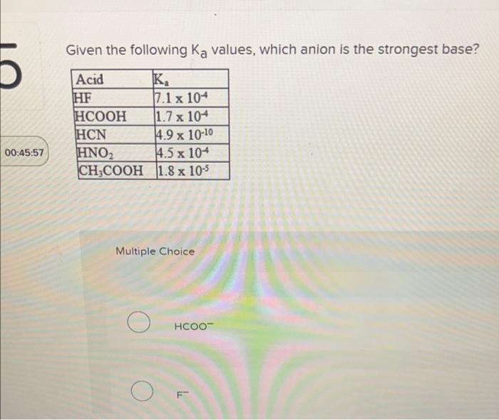 Solved 00:45:57 Given the following Ka values, which anion | Chegg.com