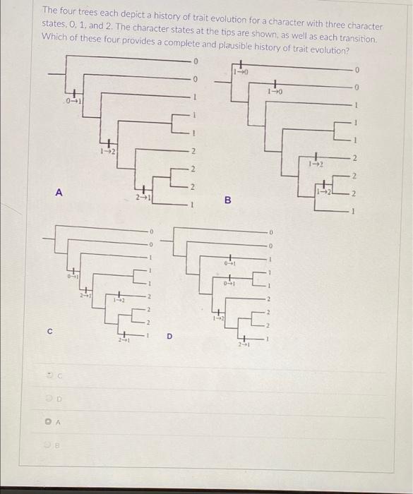 Solved The four trees each depict a history of trait | Chegg.com