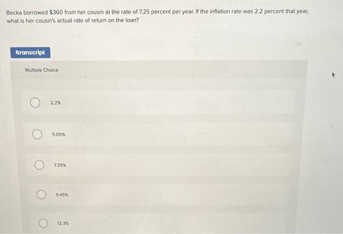 Solved Becka borrowed $360 from her cousin at the rate of | Chegg.com