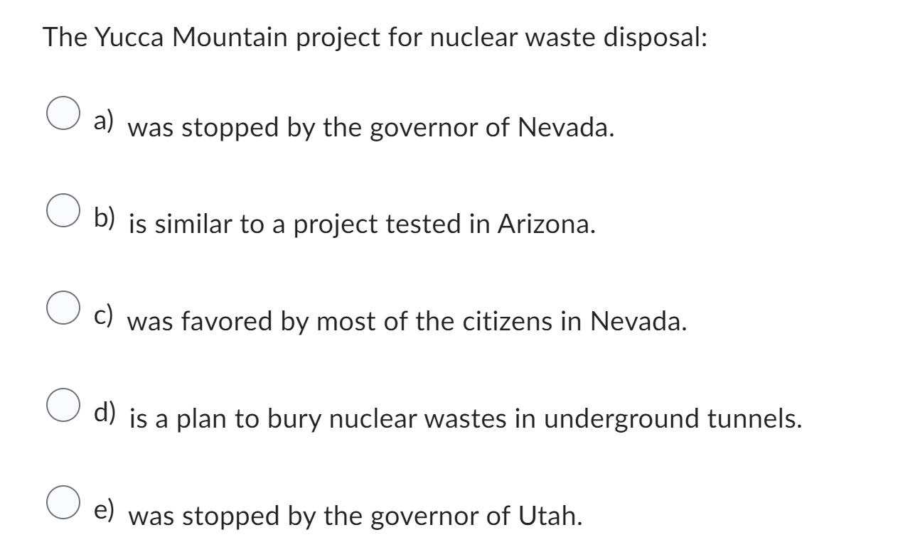 Solved The Yucca Mountain project for nuclear waste | Chegg.com