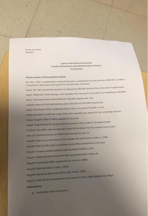 Solved Name Surname: Number: Cyprus International University | Chegg.com