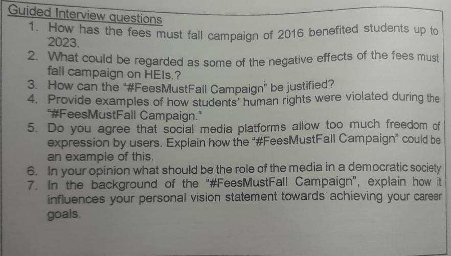 1. How has the fees must fall campaign of 2016 | Chegg.com