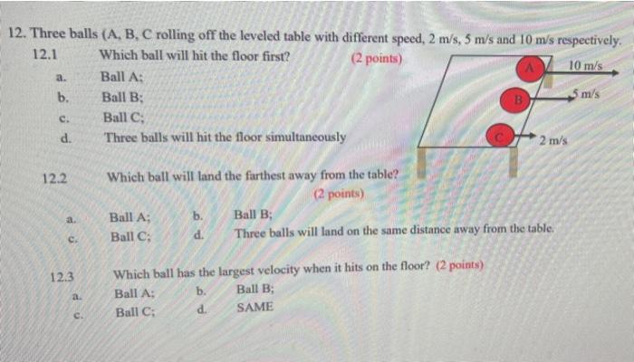 Solved 12. Three balls (A, B, C rolling off the leveled | Chegg.com