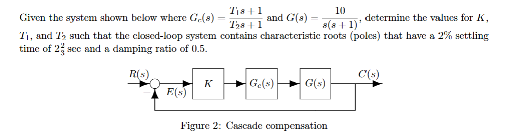 Solved Given the system shown below where Gc(s)=T1s+1T2s+1 | Chegg.com