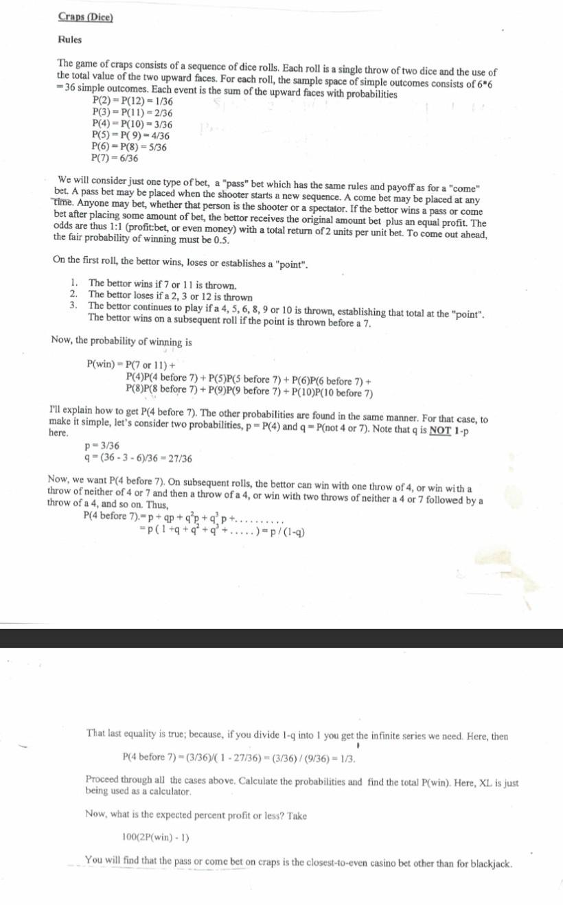 Solved The game of craps consists of a sequence of dice | Chegg.com