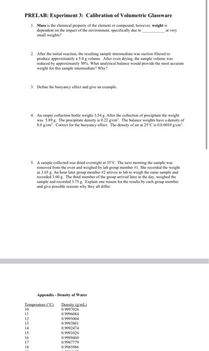 Solved PRELAB: Experiment 3: Calibration of Volumetric | Chegg.com