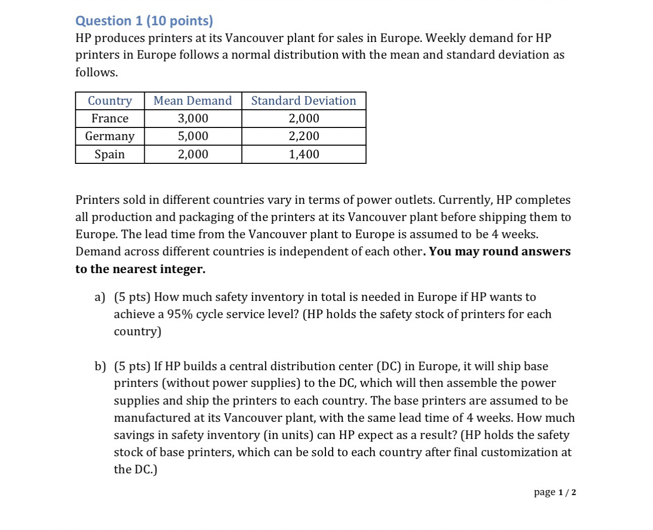 Solved Question 1 (10 ﻿points)HP produces printers at its | Chegg.com
