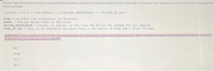 Solved A linear regression model to predict driving time was | Chegg.com