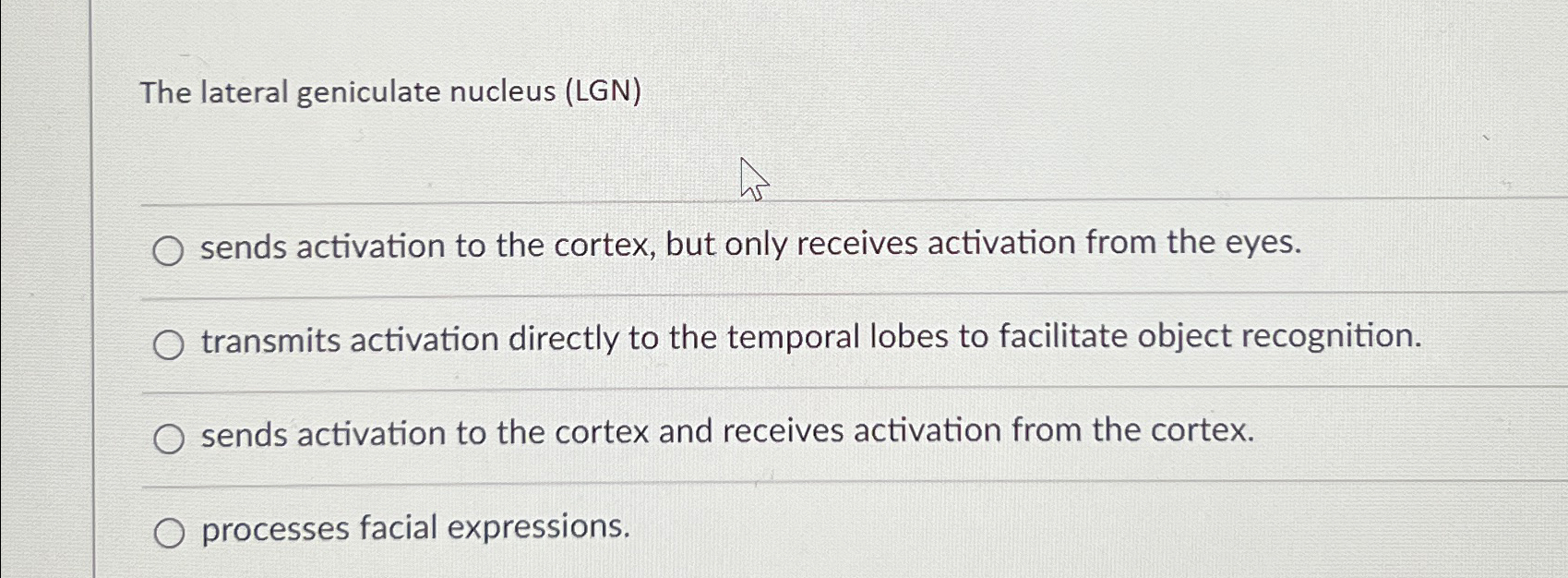 Solved The lateral geniculate nucleus (LGN)sends activation | Chegg.com