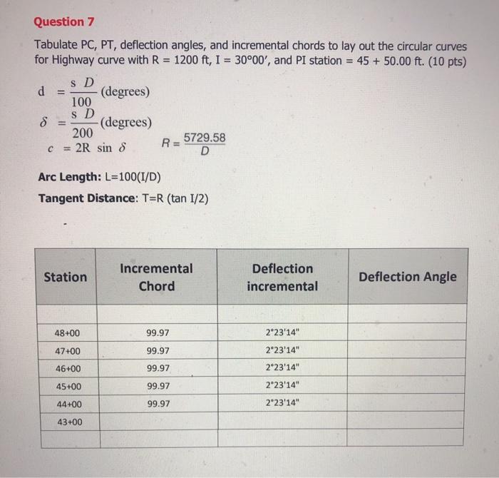 Solved Question 7 Tabulate PC, PT, deflection angles, and | Chegg.com
