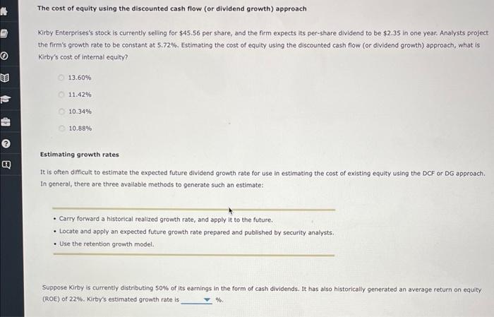 Solved The cost of equity using the CAPM approach The | Chegg.com