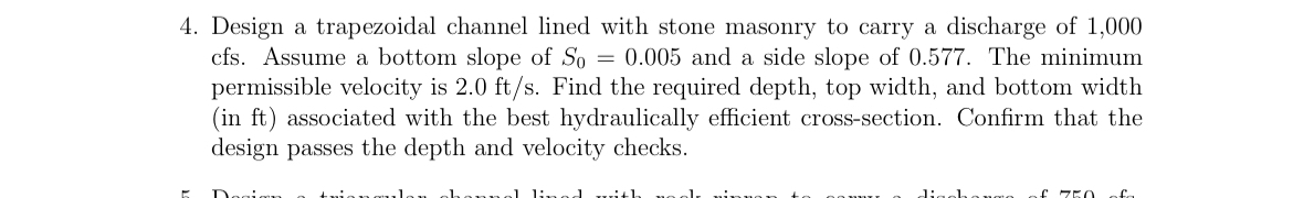 Solved Design a trapezoidal channel lined with stone masonry | Chegg.com