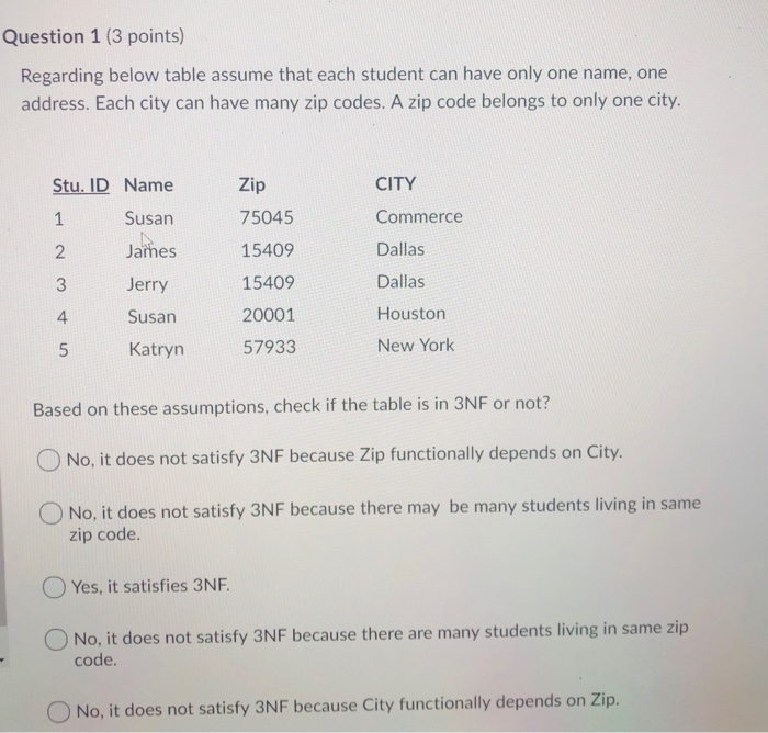 Solved Question 1 (3 points) Regarding below table assume | Chegg.com