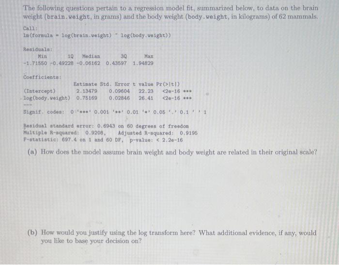 Solved The following questions pertain to a regression model | Chegg.com
