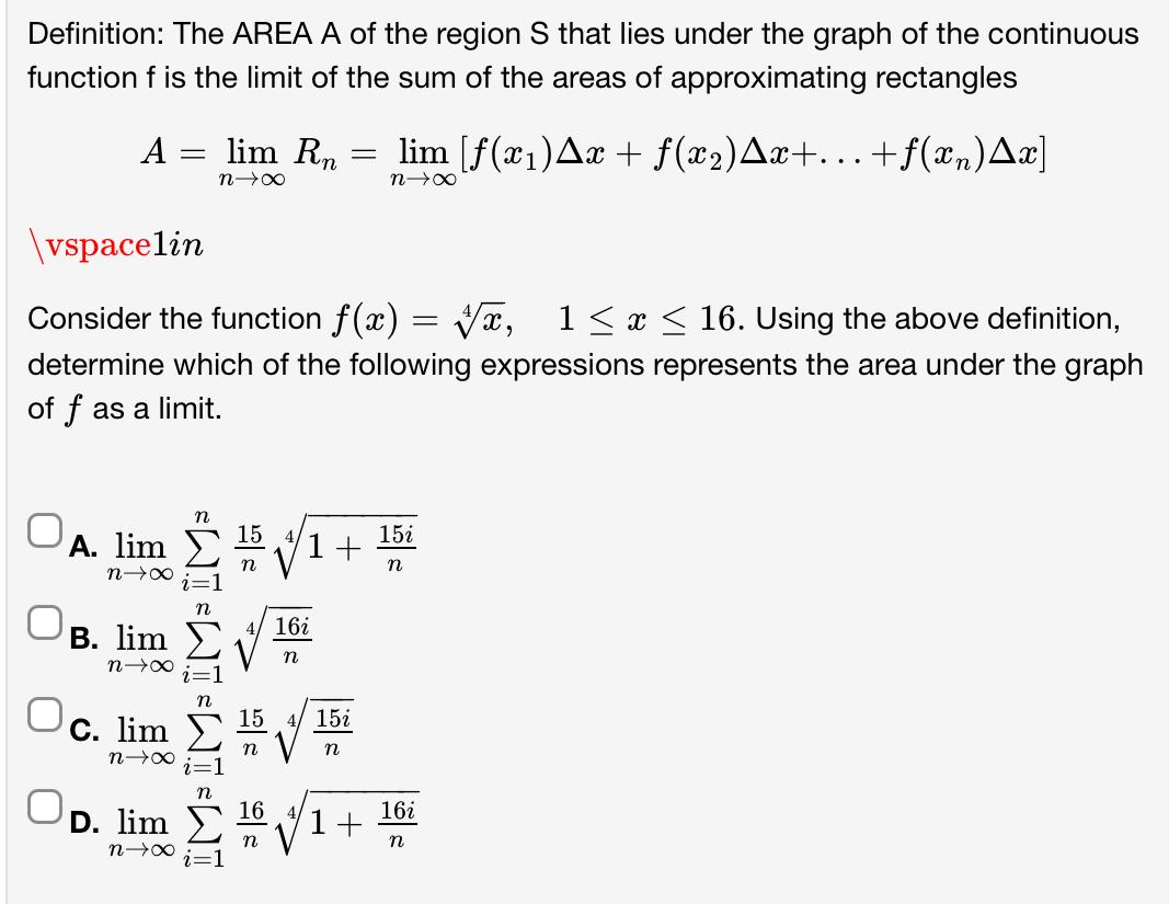 Solved Definition: The AREA A of the region S ﻿that lies | Chegg.com