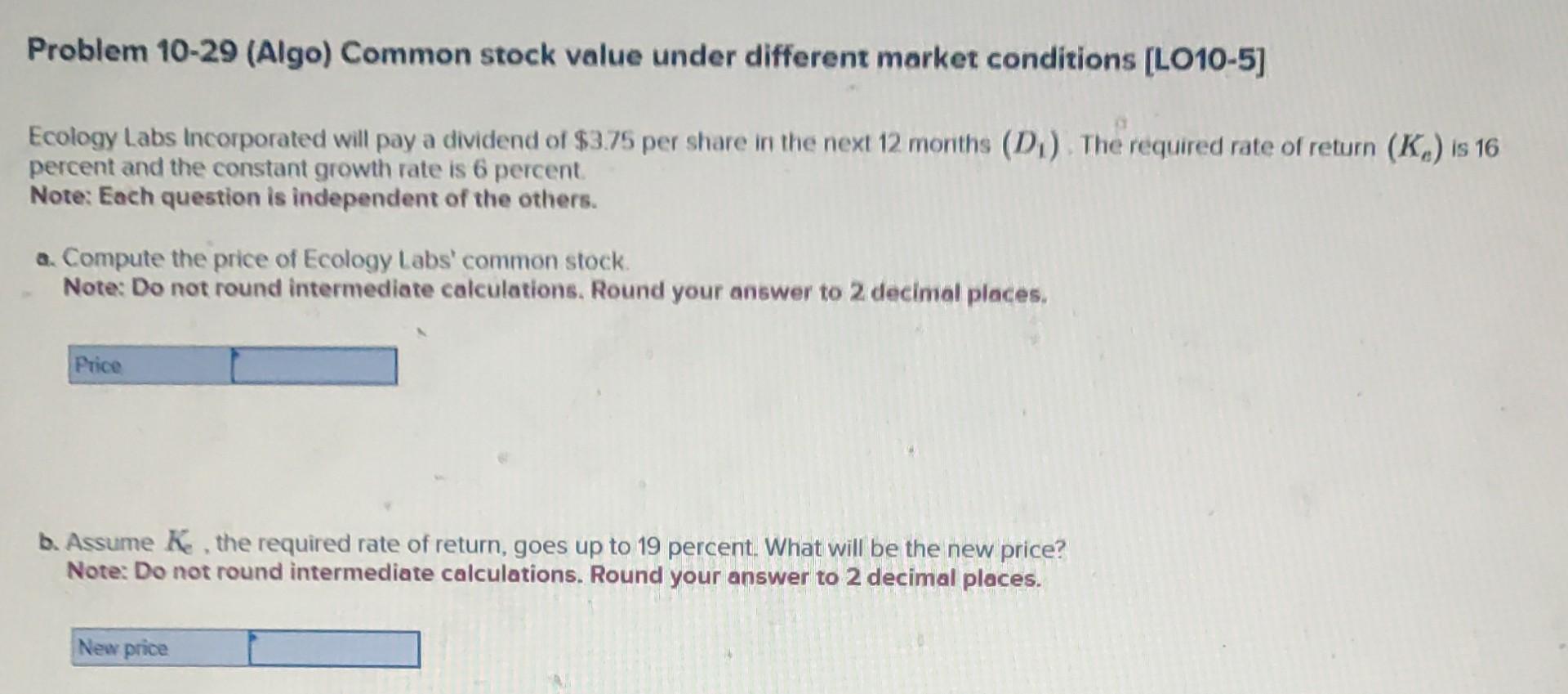 Solved Problem 10-29 (Algo) Common stock value under | Chegg.com