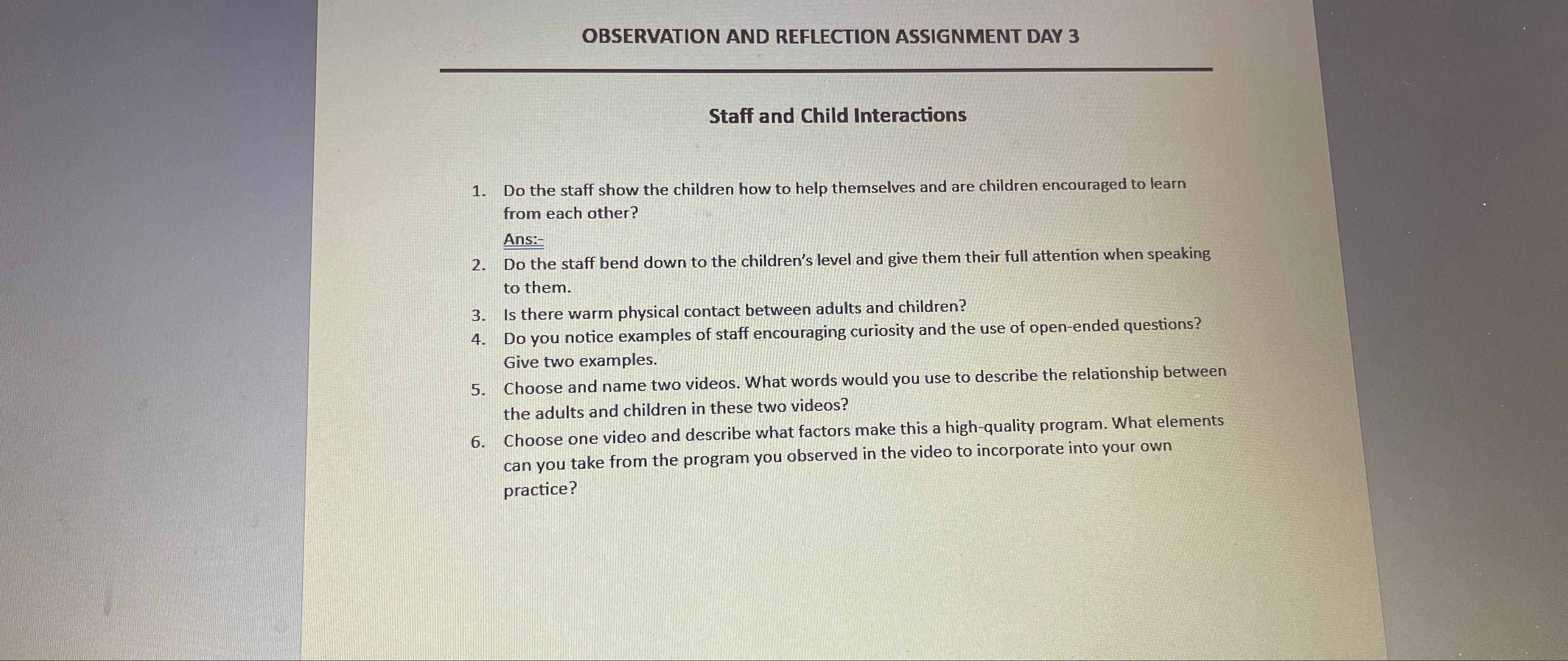 Solved OBSERVATION AND REFLECTION ASSIGNMENT DAY 3Staff and | Chegg.com