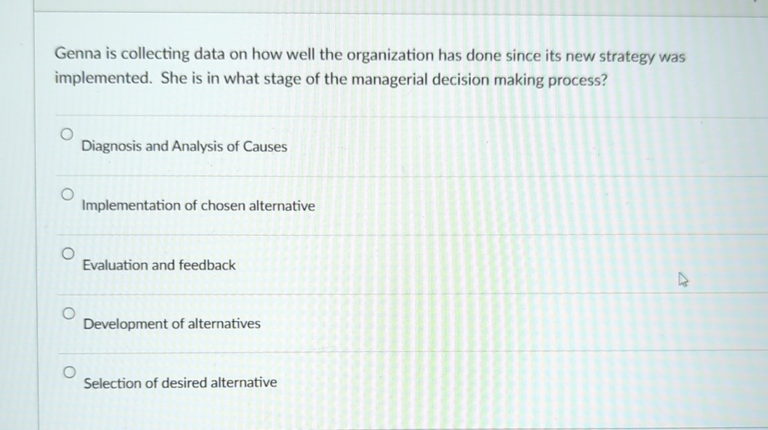 Solved Genna is collecting data on how well the organization | Chegg.com