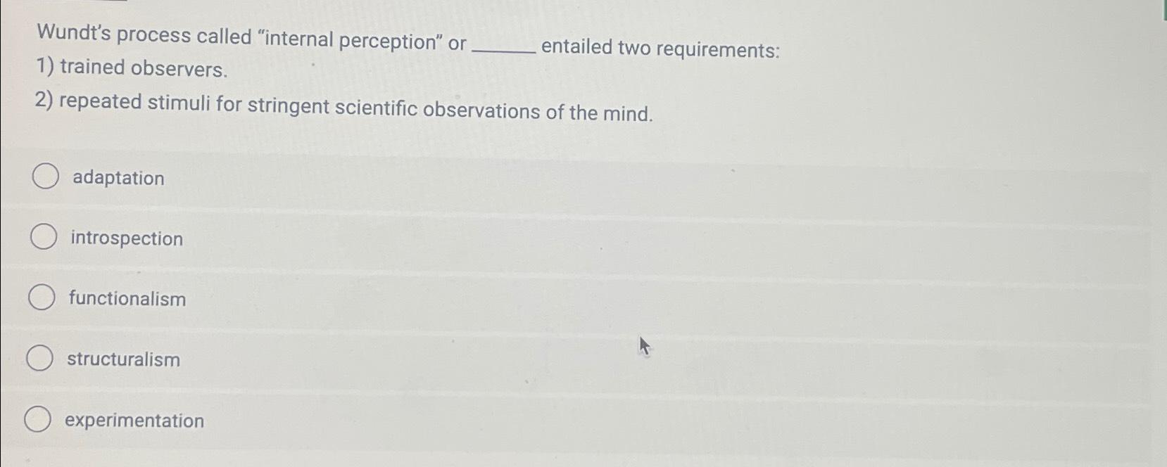 Solved Wundt's process called "internal perception" | Chegg.com