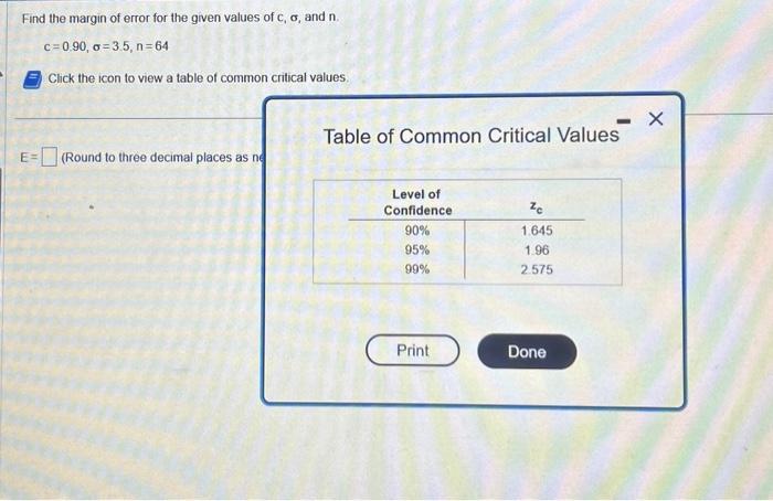 Solved c=0.90,σ=3.5,n=64 Click the icon to view a table of | Chegg.com