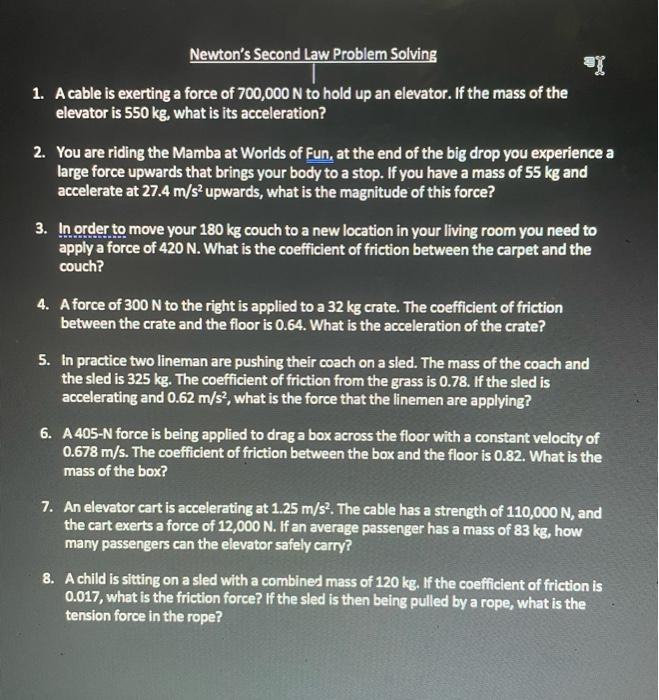 Solved Newton's Second Law Problem Solving 1. A cable is | Chegg.com