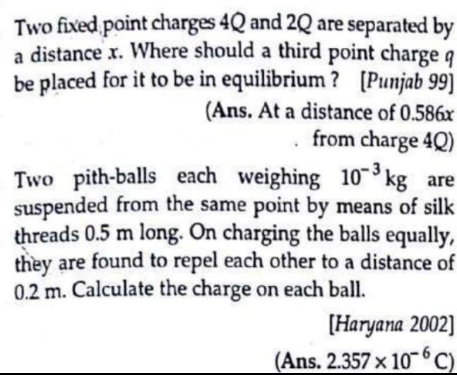 Solved Two fixed point charges 4Q and 2Q are separated by a | Chegg.com