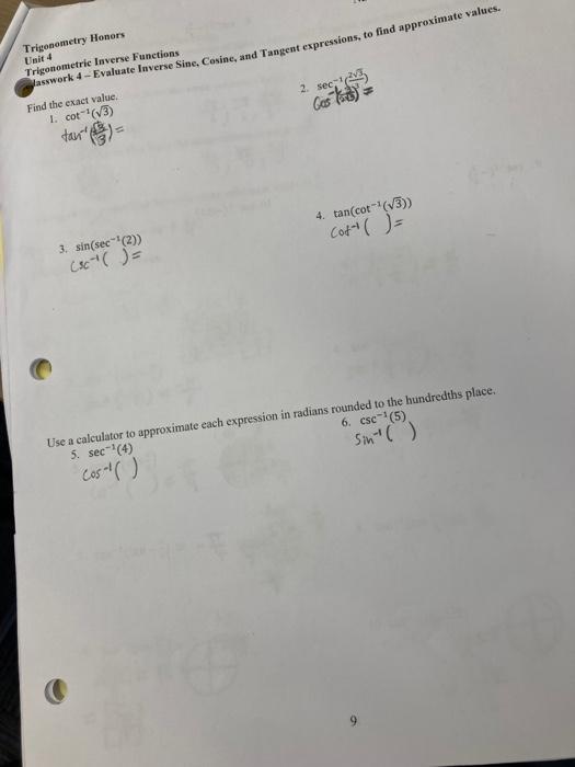 Solved Trigonometry Honors Unit 4 Trigonometric Inverse | Chegg.com