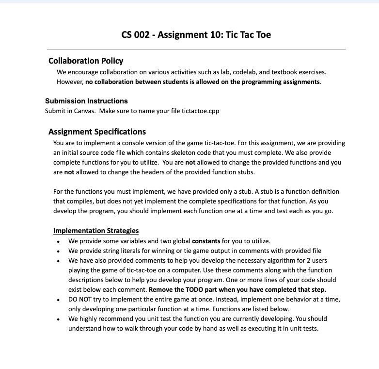 Solved CS 002 - ﻿Assignment 10: Tic Tac ToeCollaboration | Chegg.com