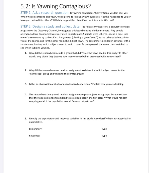 Solved 5.2: Is Yawning Contagious? STEP 1: Ask a research | Chegg.com