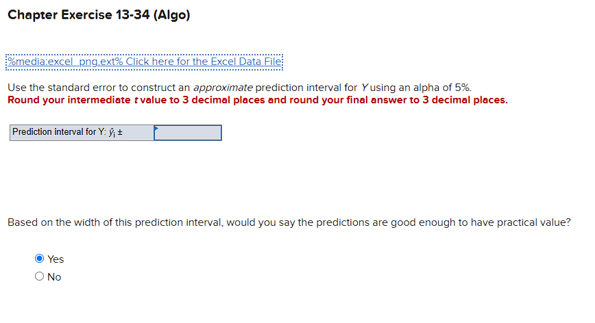Solved Chapter Exercise 13-34 (Algo) \%media:excel png.ext\% | Chegg.com