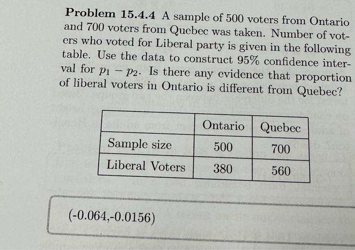 Solved Problem 15.4.4 A sample of 500 voters from Ontario | Chegg.com