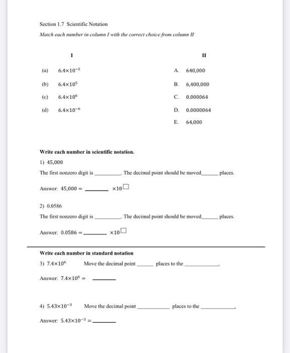 Solved Section 1 7 Seientific Notation Match Cach Number In