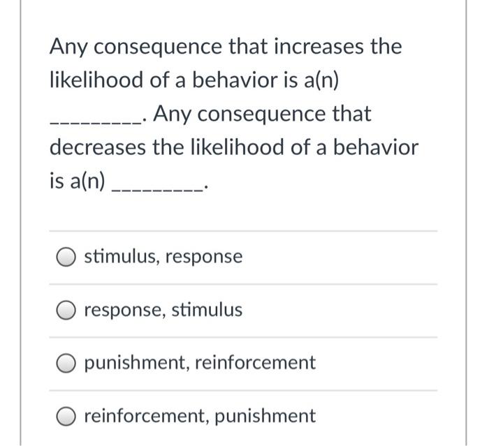 Solved Any consequence that increases the likelihood of a | Chegg.com