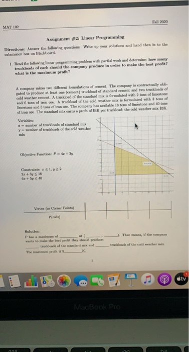Solved Full 2000 MAT 102 Assignment #2: Linear Programming | Chegg.com