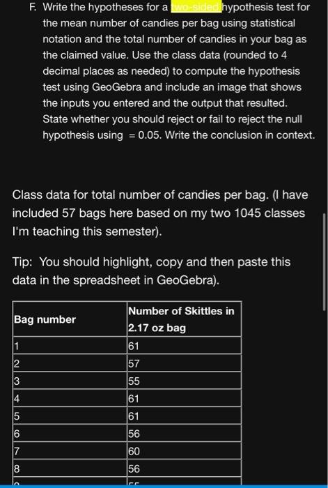 Solved A. Using the values for the total number of candies | Chegg.com