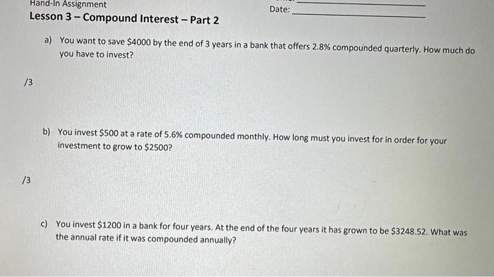 Solved Hand-In Assignment Lesson 3 - Compound Interest - | Chegg.com