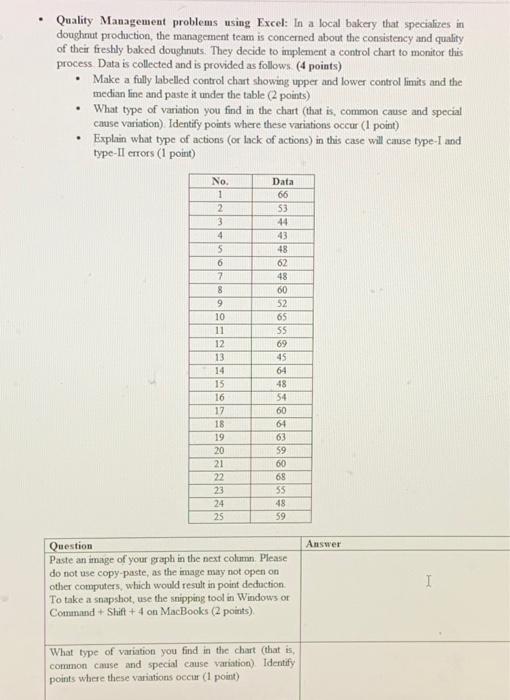 Solved - Quality Management problems using Excel: In a local | Chegg.com