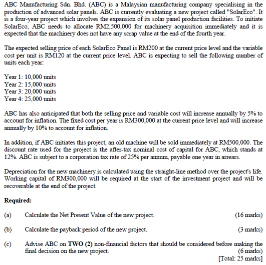ABC Manufacturing Sdn. ﻿Bhd. ( ﻿ABC ) ﻿is a Malaysian | Chegg.com