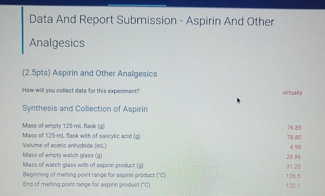 Solved Data And Report Submission - Aspirin And Other | Chegg.com