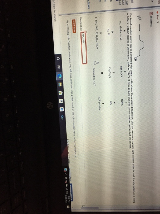 Solved Part 1 x Incorrect. Using acetylene as your only | Chegg.com
