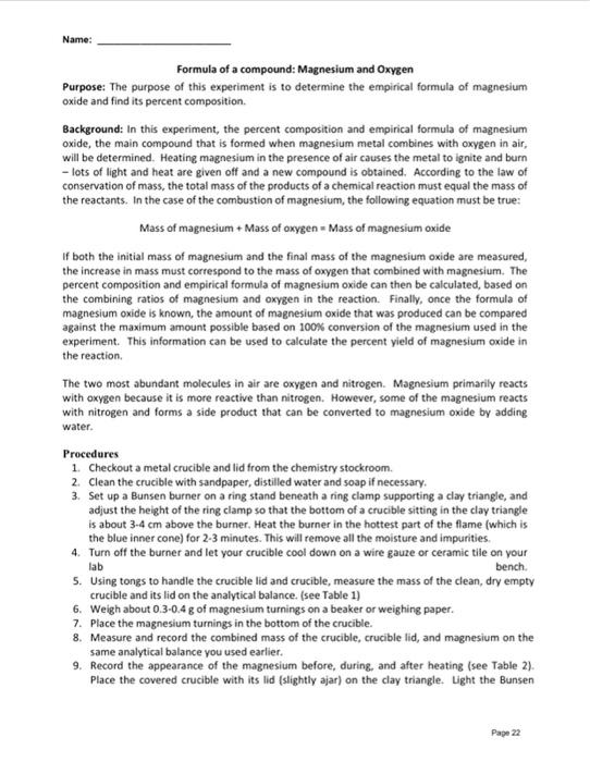 Solved Name: Data Table: Table 1. Mass data for magnesium | Chegg.com