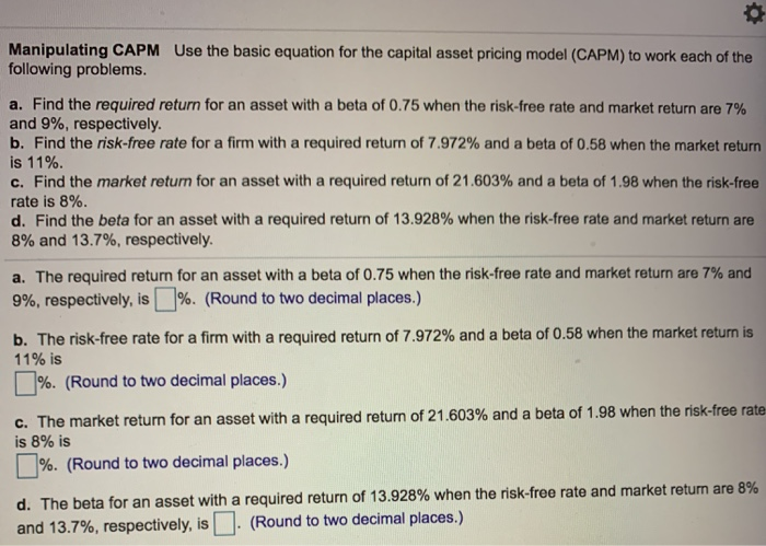 Solved 0 Manipulating CAPM Use the basic equation for the | Chegg.com