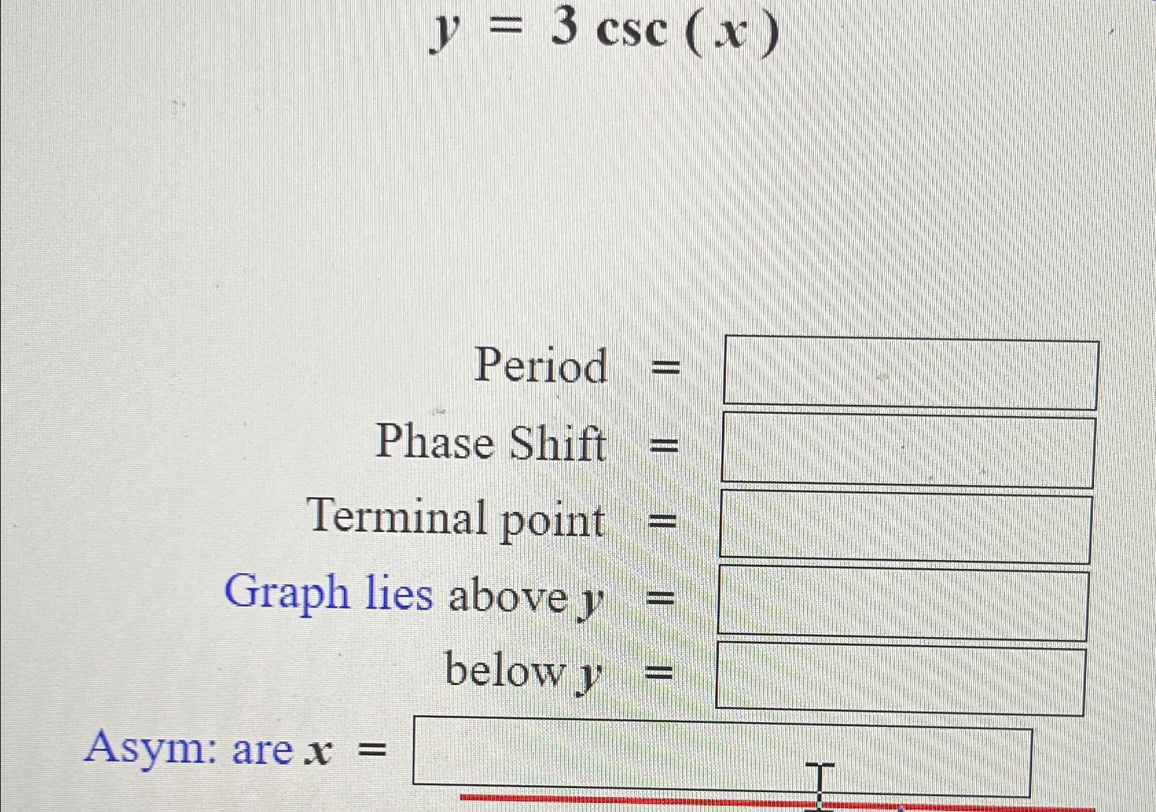 Solved y=3csc(x) ﻿Period = ﻿Phase Shift = ﻿Terminal point = | Chegg.com