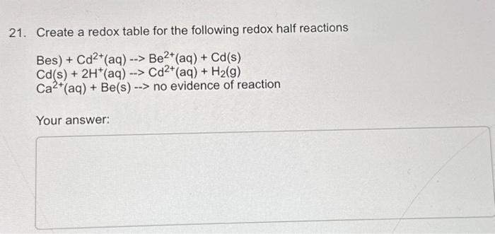 Solved 1. Create a redox table for the following redox half | Chegg.com