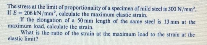 Solved The stress at the limit of proportionality of a | Chegg.com