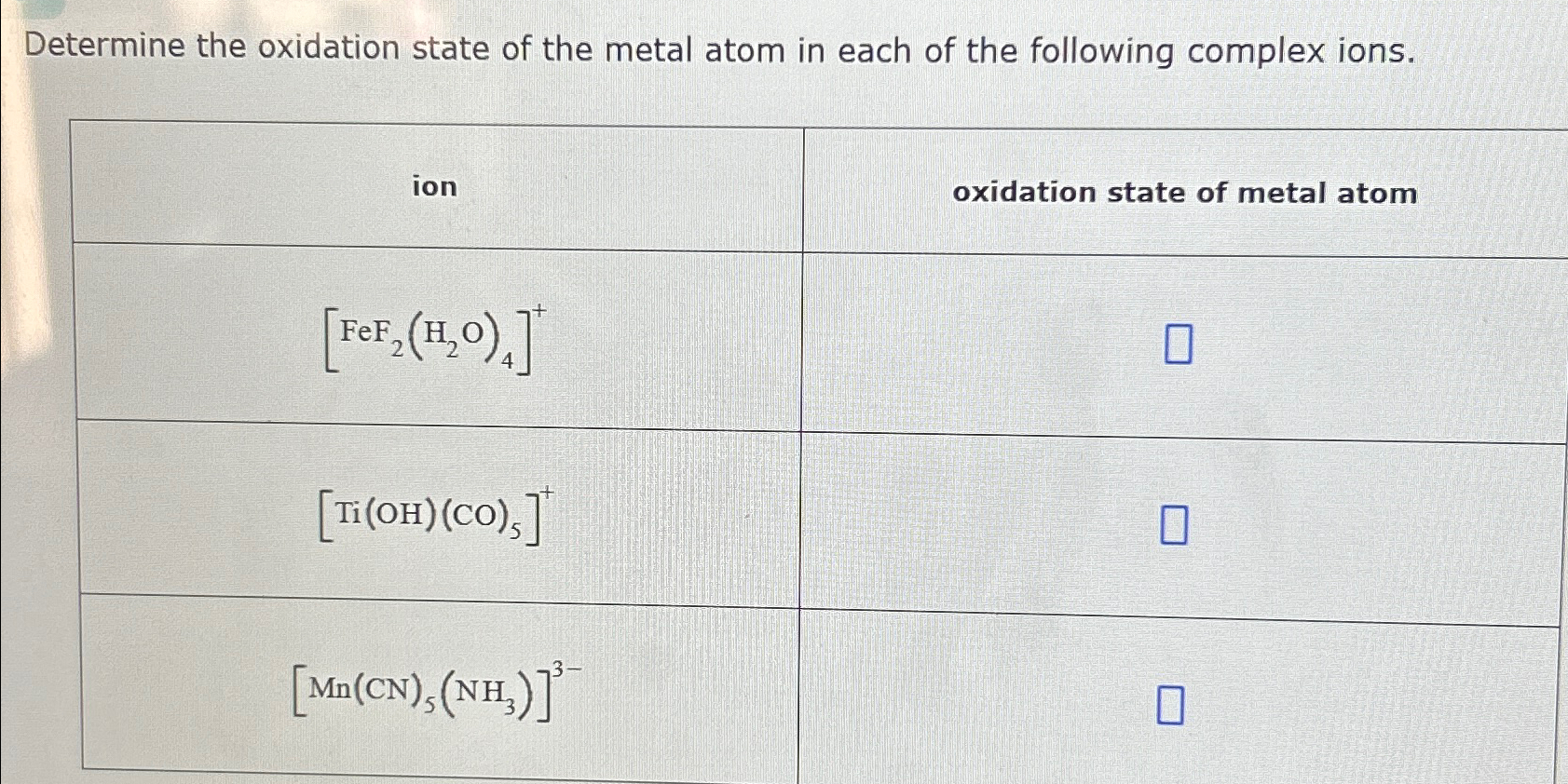 Solved Determine the oxidation state of the metal atom in | Chegg.com
