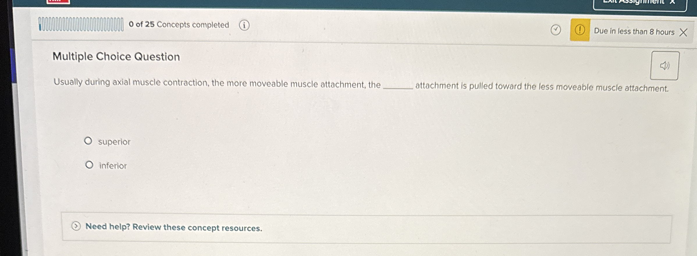 Solved 0 ﻿of 25 ﻿Concepts completed(i)Due in less than 8 | Chegg.com